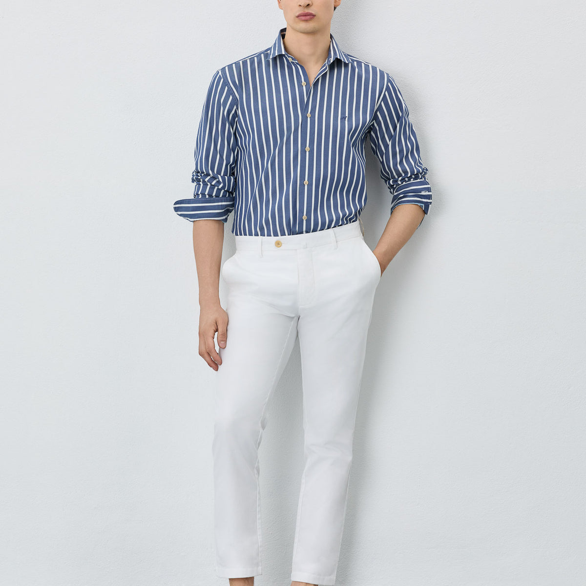 Slim Fit Shirt With Open Collar In BCI Cotton With Stripes – Sacoor ...