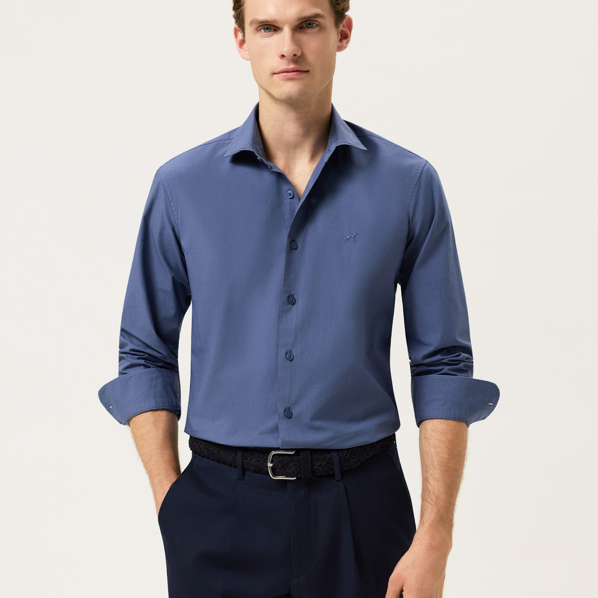Slim Fit Overdye Poplin Shirt With Open Collar – Sacoor Brothers